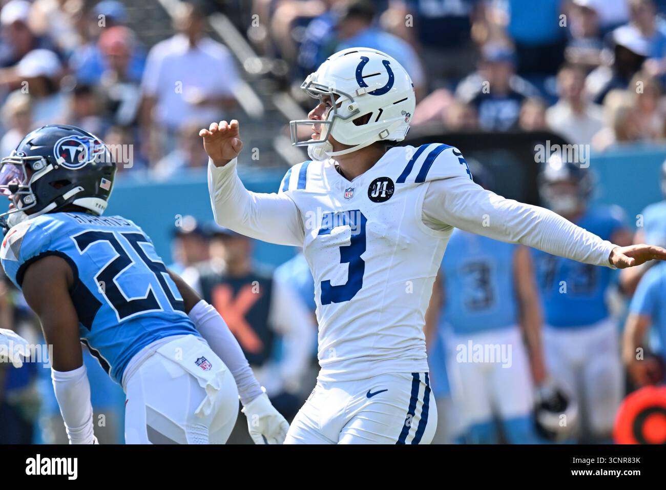 Indianapolis Colts' Spencer Shrader (3) watches his place kick against ...