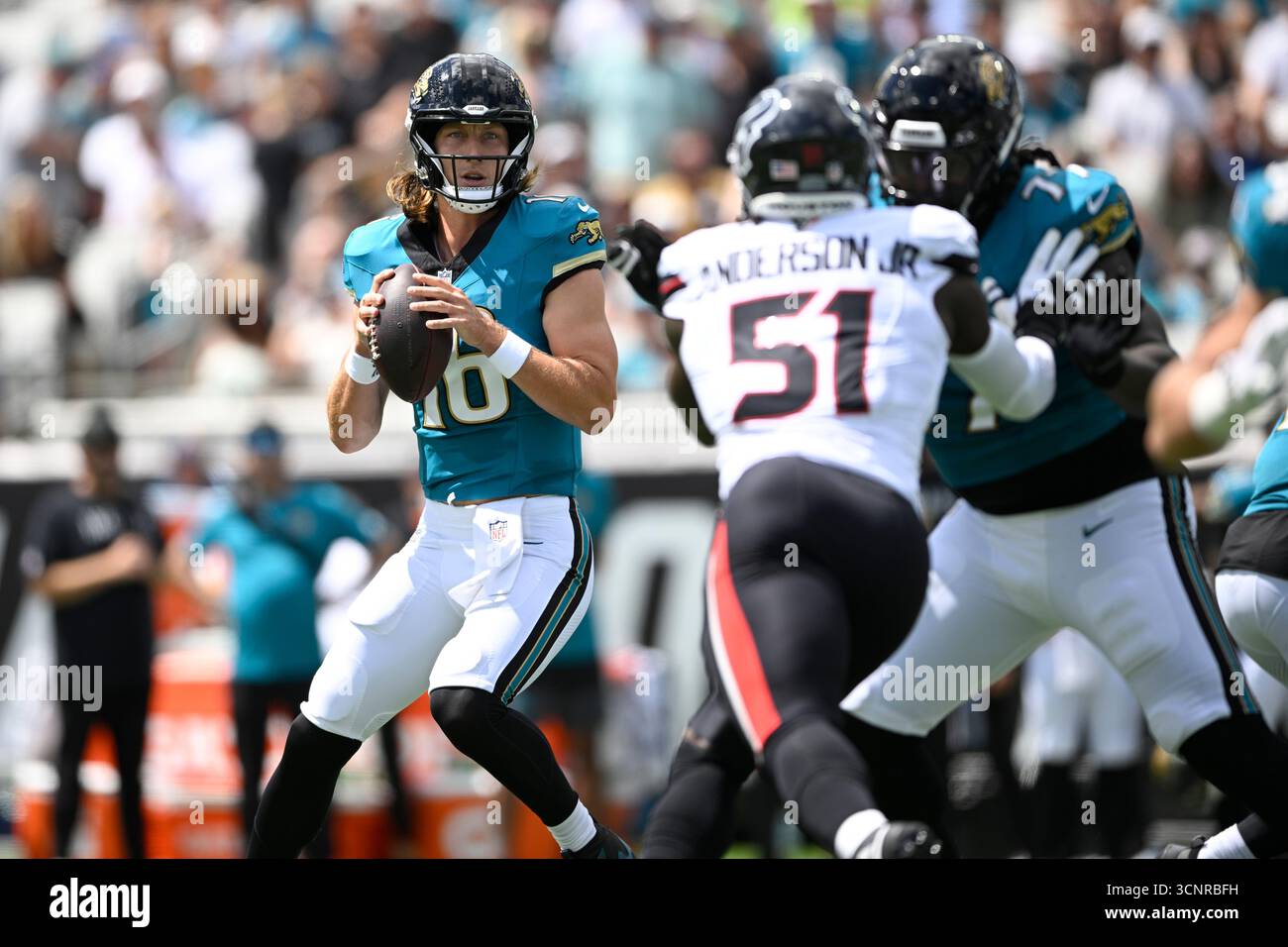 Jacksonville Jaguars quarterback Trevor Lawrence (16) looks for a ...