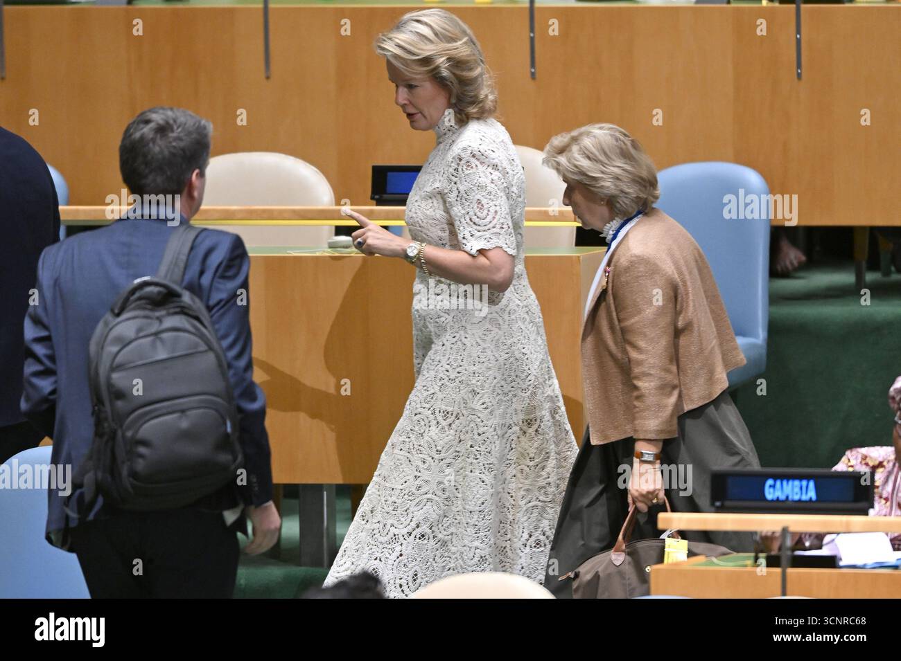 Queen Mathilde of Belgium (c) seen departing the United Nations General ...