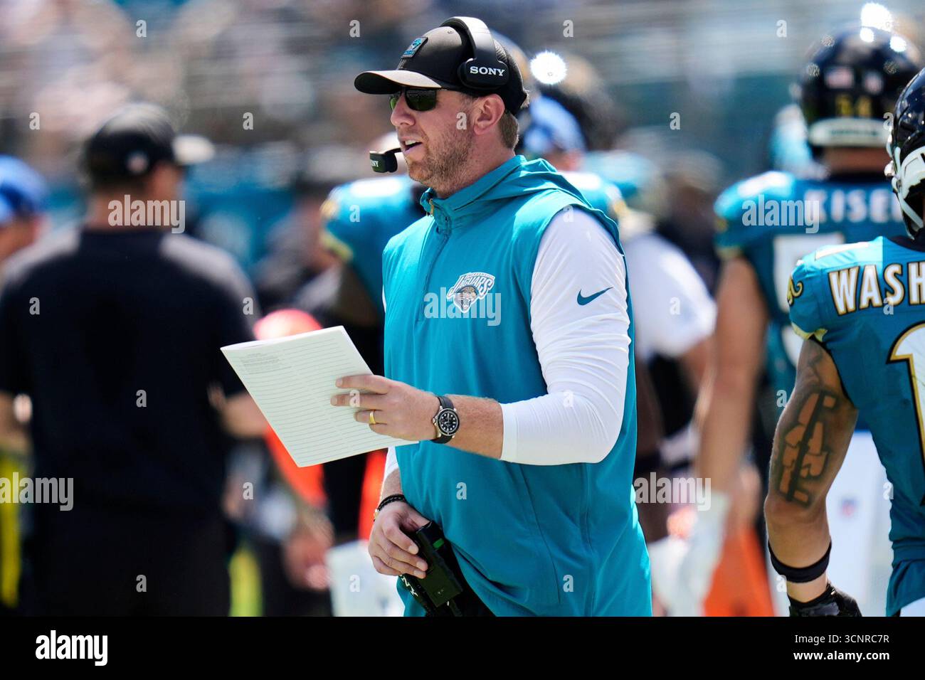 Jacksonville Jaguars head coach Liam Coen watches his team during the ...