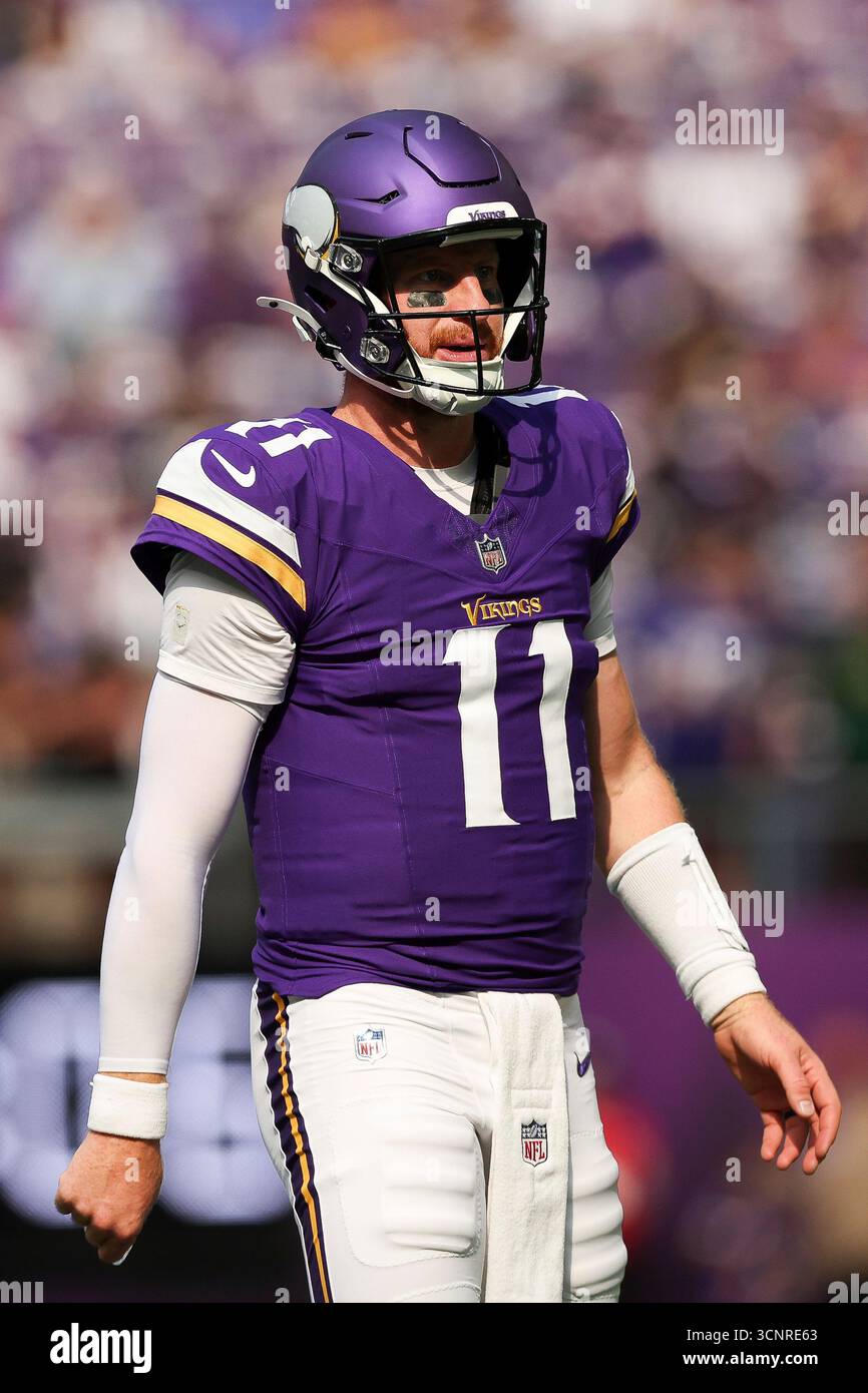 Minnesota Vikings quarterback Carson Wentz (11) warms up before an NFL ...
