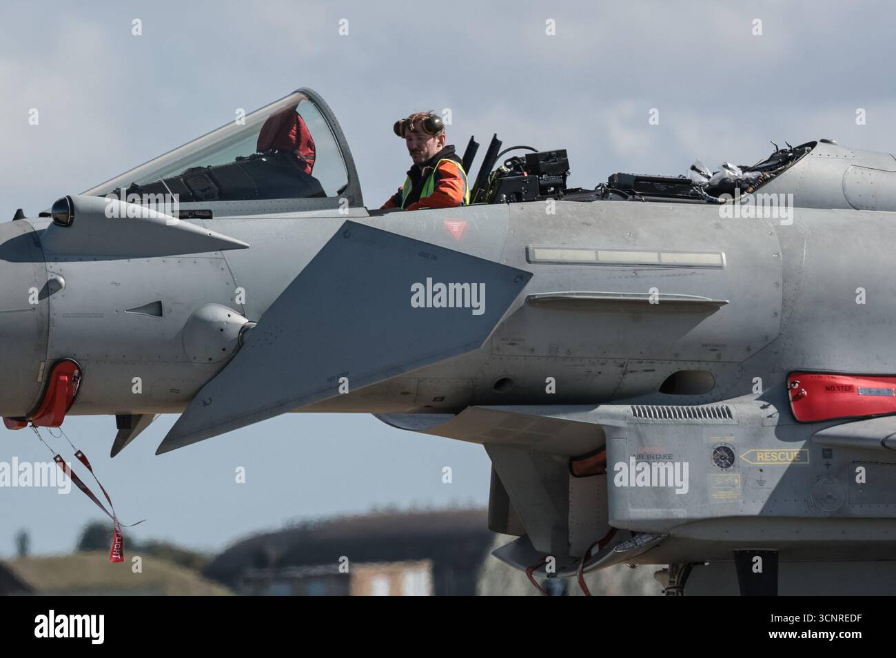A RAF Eurofighter Typhoon FGR Mk4 taxies back to the pan without its ...