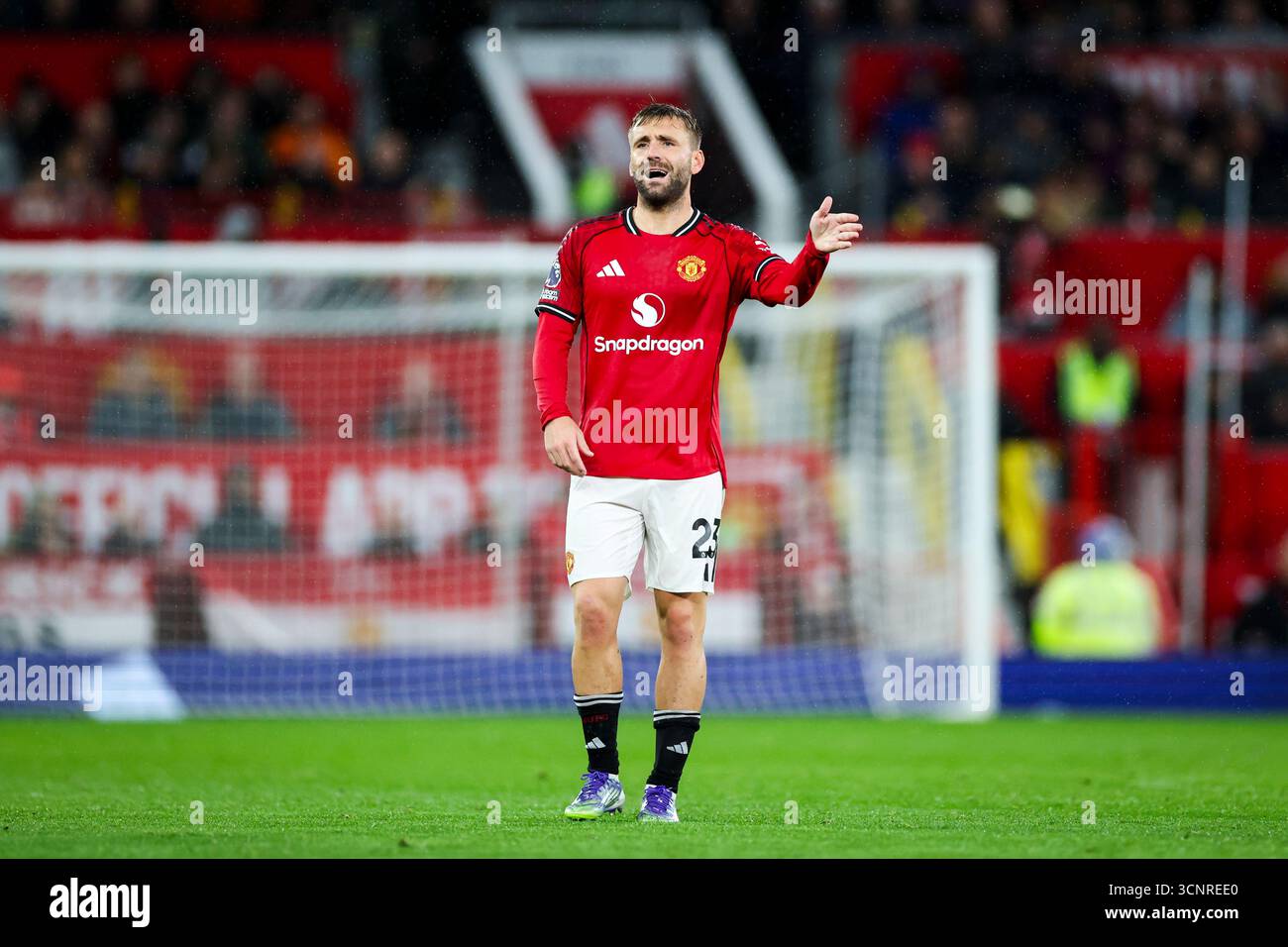 Manchester United defender Luke Shaw (23) gestures during the ...
