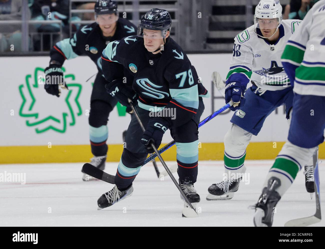 Seattle Kraken center Oscar Fisker Molgaard (78) skates with Vancouver ...