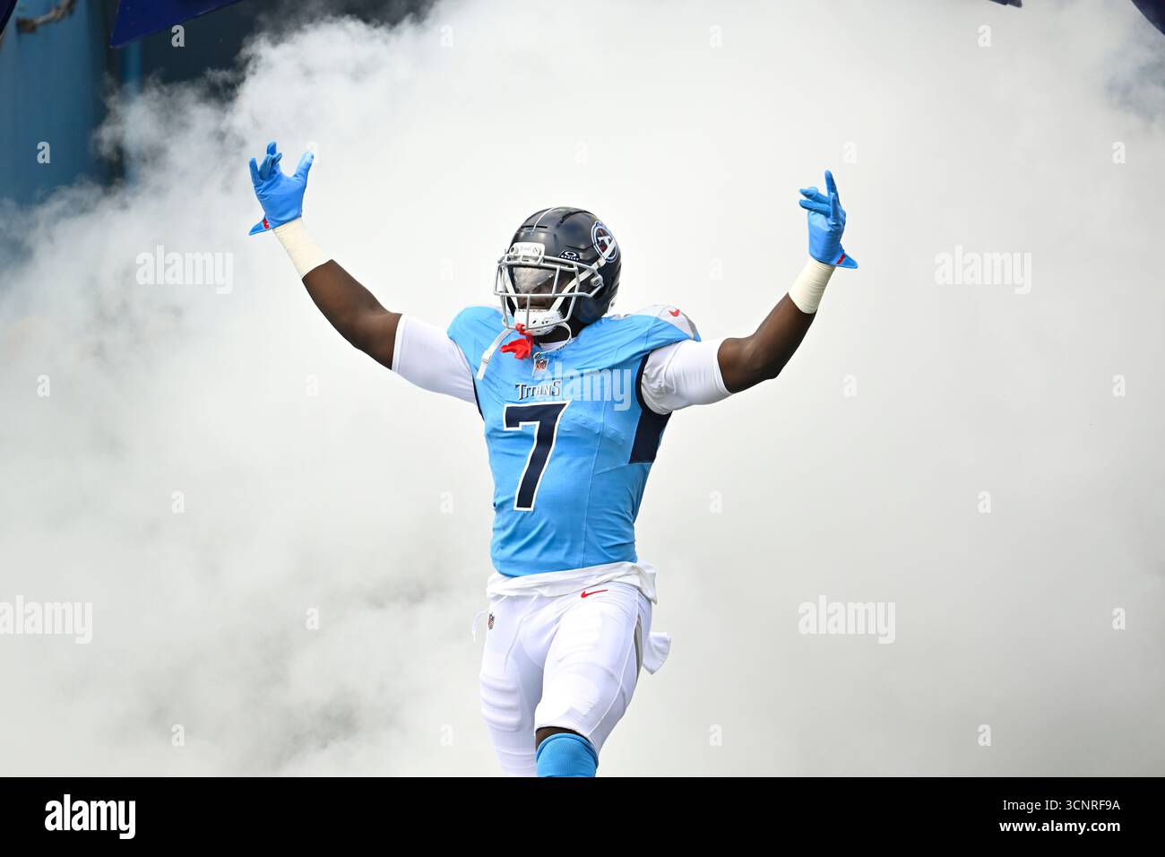 Tennessee Titans linebacker Oluwafemi Oladejo (7) is introduced before ...