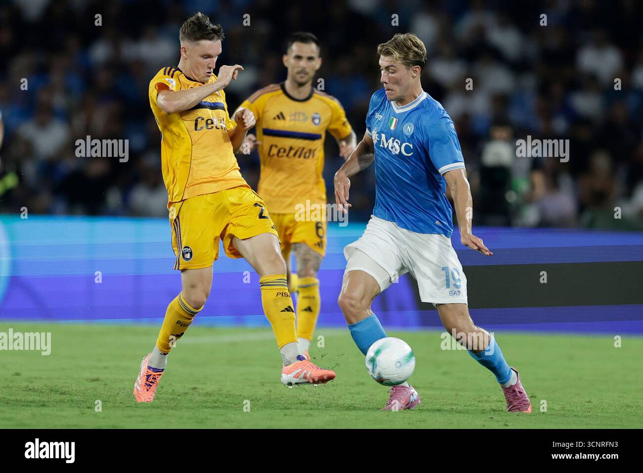 Pisa’s Michel Aebischer challenges for the ball with Napoli's Rasmus ...