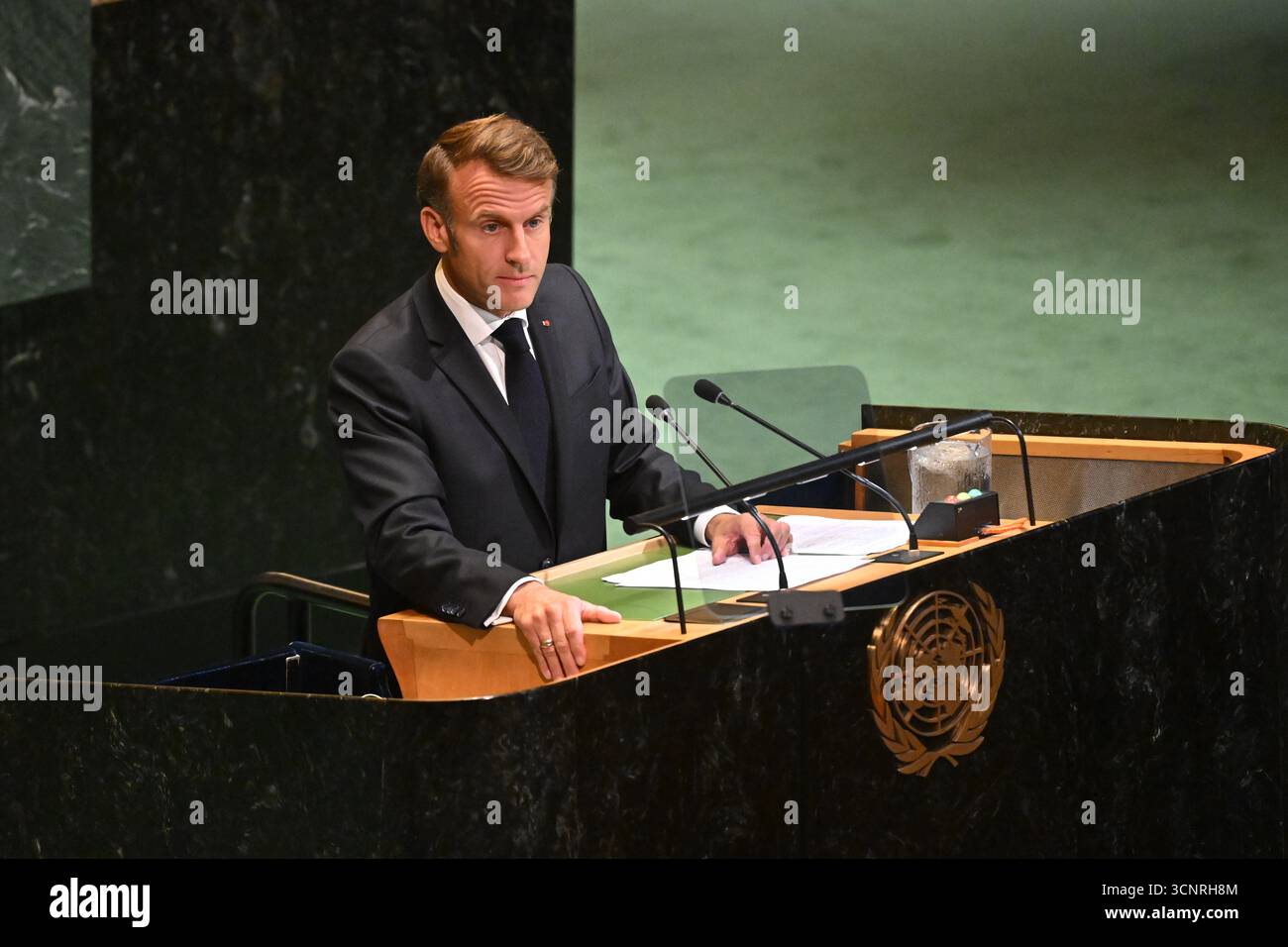President of France Emmanuel Macron delivers a speech at the Two State Solution Conference ...