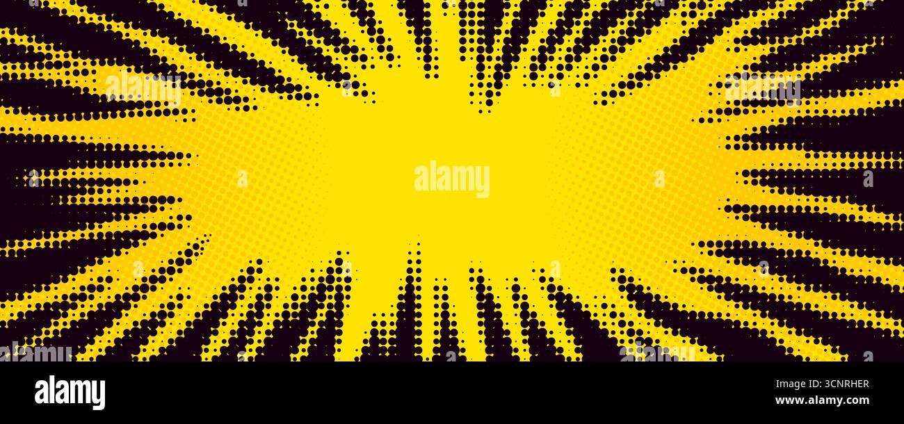 Comic background with yellow halftone frame of black radial speed ...