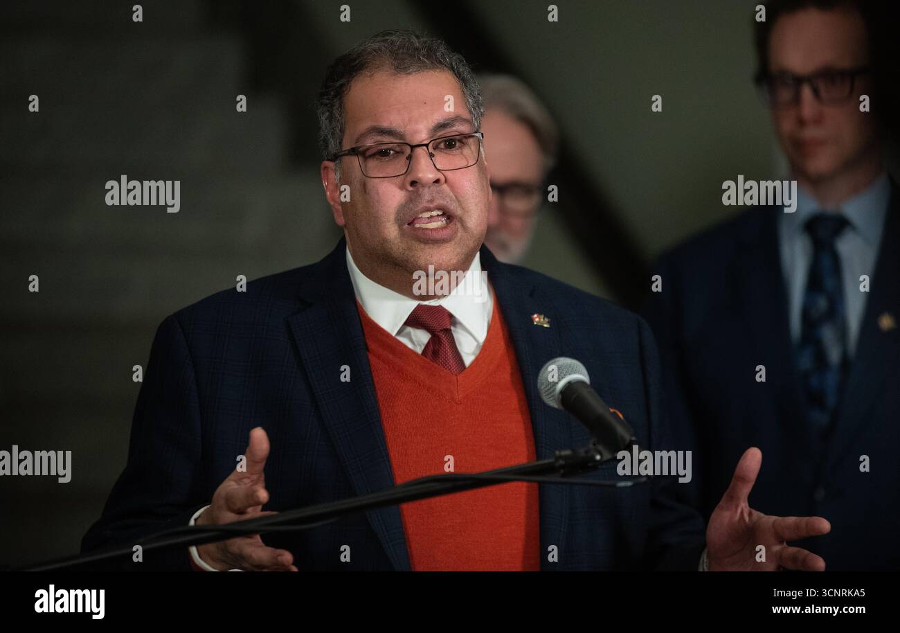 Leader of the Alberta NDP Naheed Nenshi speaks to media about the ...