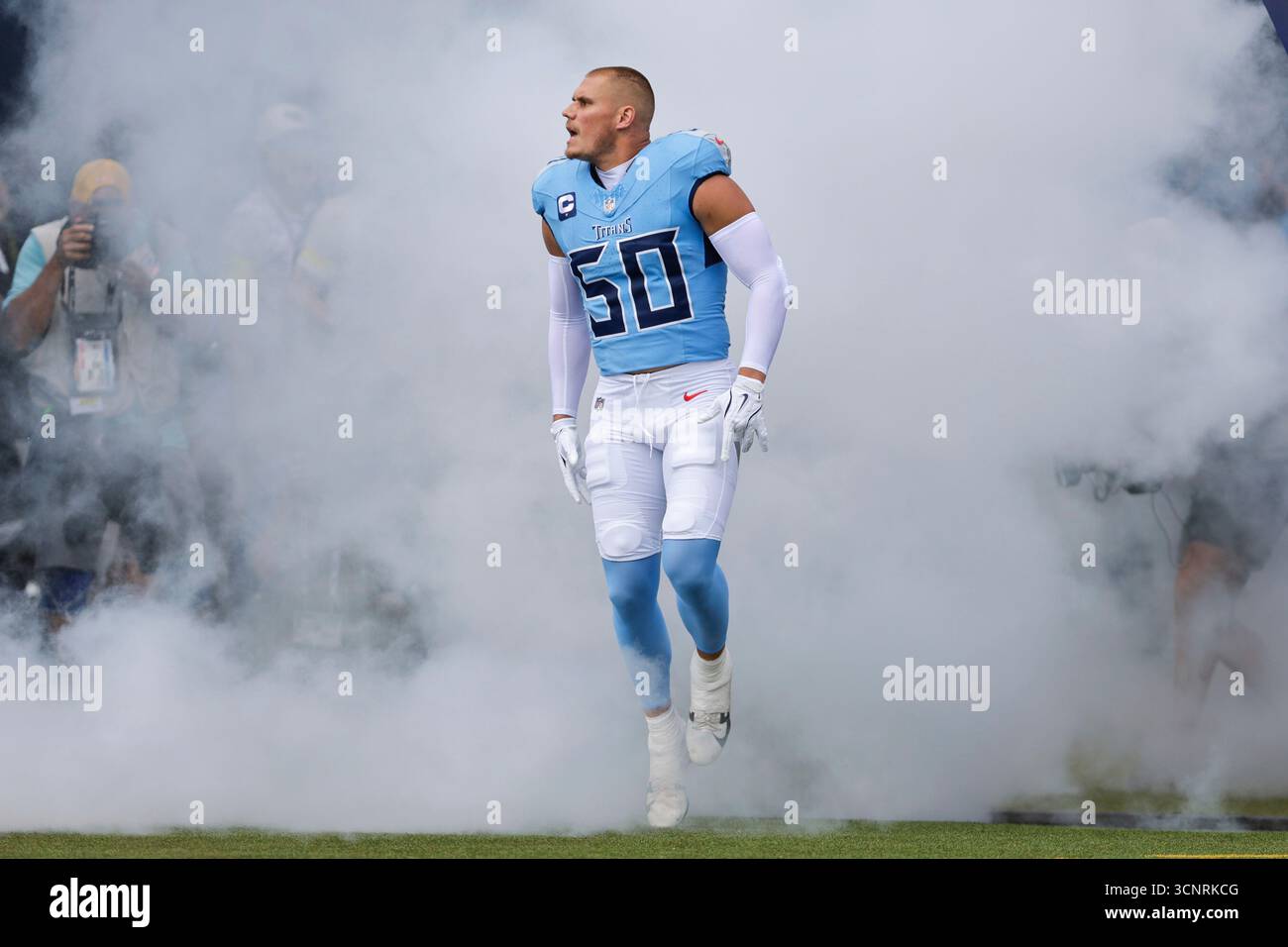 Tennessee Titans linebacker Cody Barton (50) runs onto the field prior ...