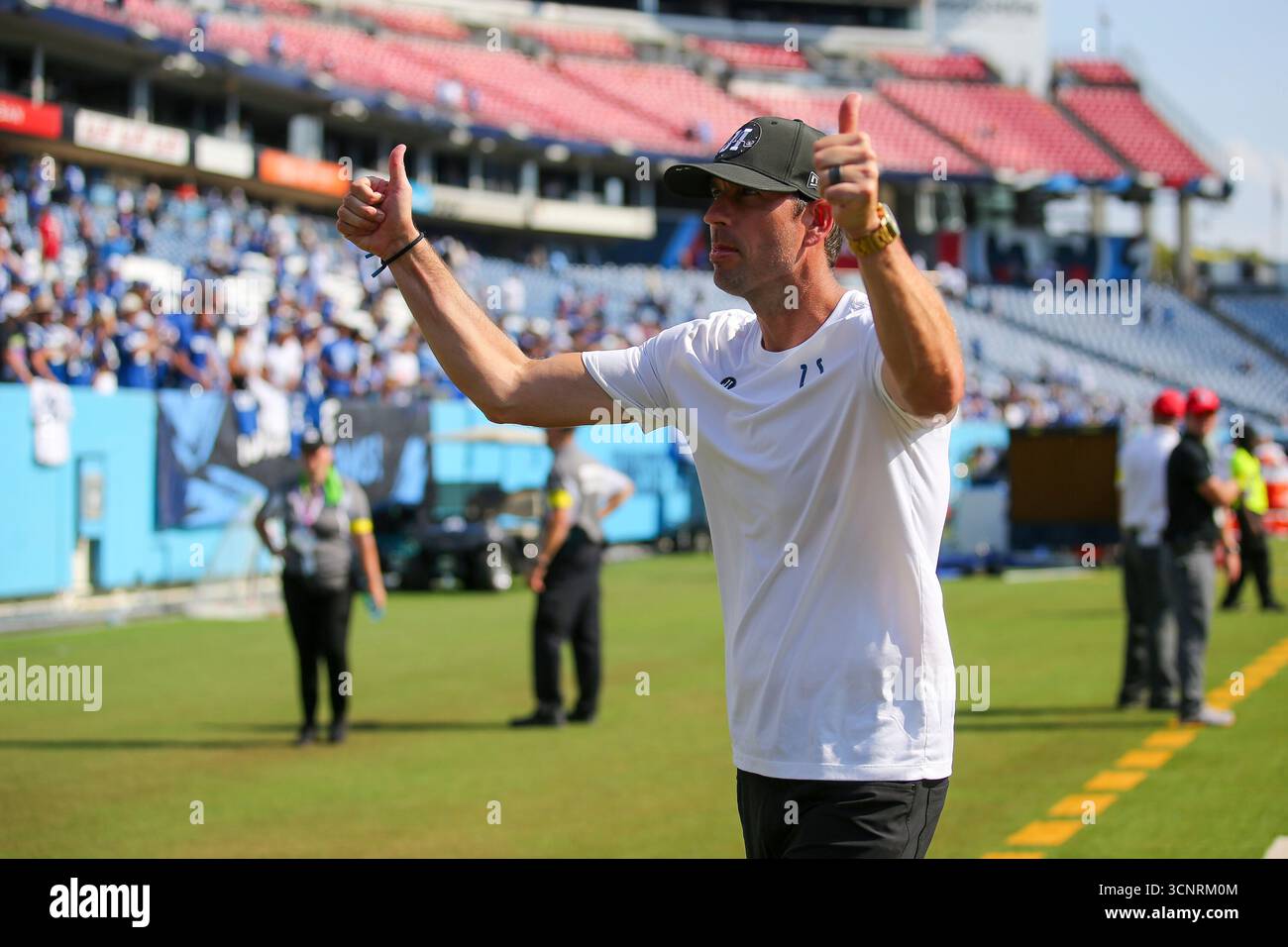 Indianapolis Colts head coach Shane Steichen gestures to the fans as he ...