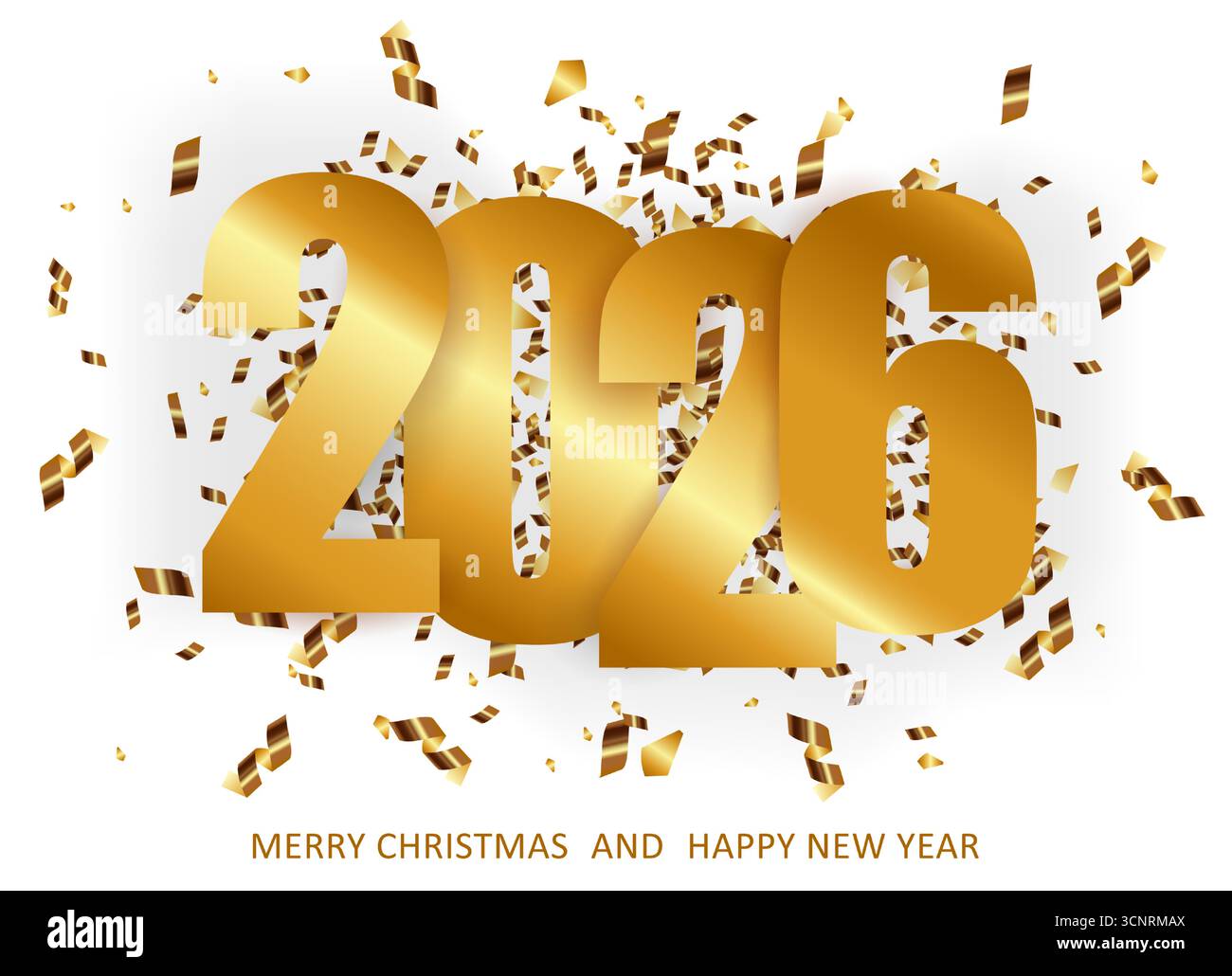 Festive white background with gold numbers 2026 and gold confetti ...