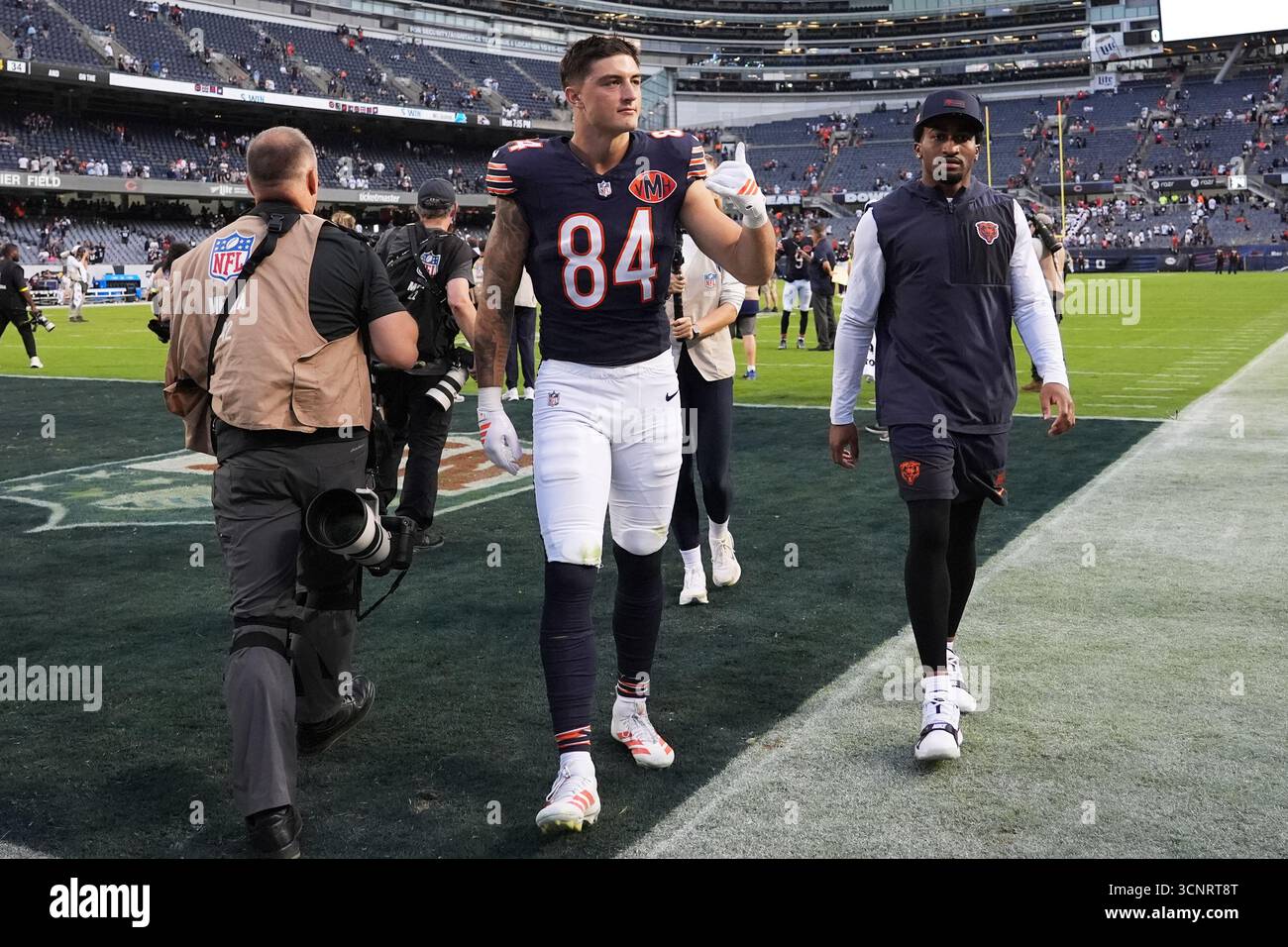 Chicago Bears tight end Colston Loveland (84) walks off the field after the team's win in an NFL ...
