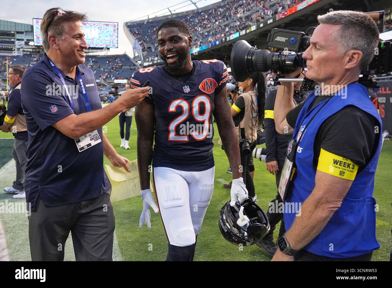 Chicago Bears cornerback Tyrique Stevenson (29) talks to media as he ...