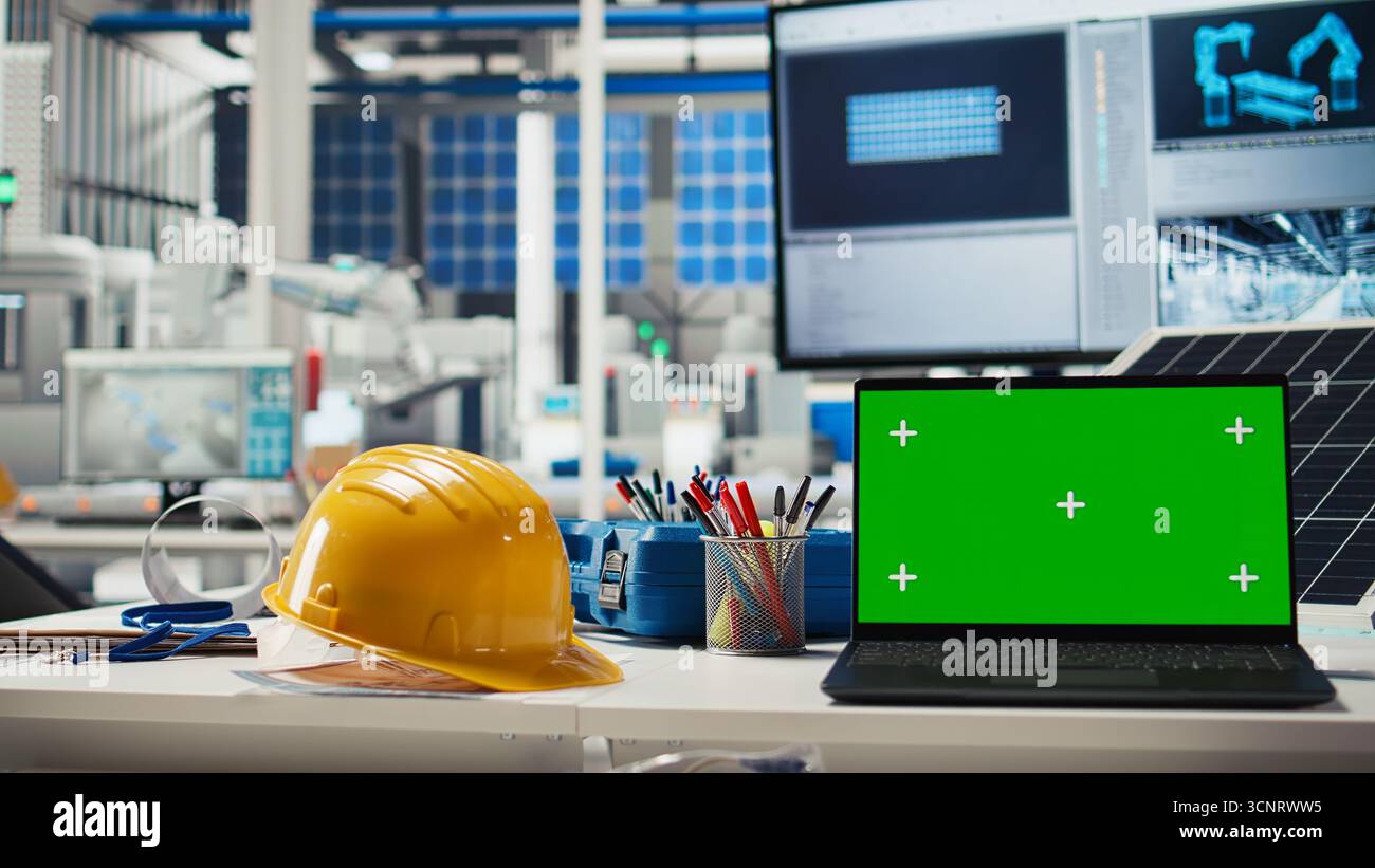 Chroma key laptop in photovoltaics factory used to monitor system ...