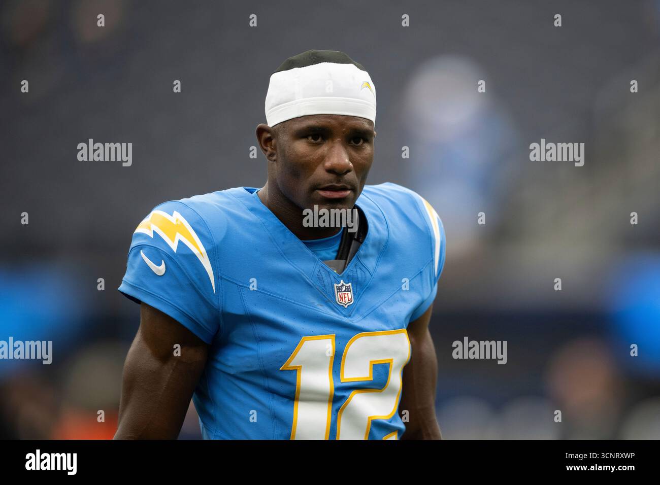 Los Angeles Chargers wide receiver Derius Davis (12) walks on the field ...