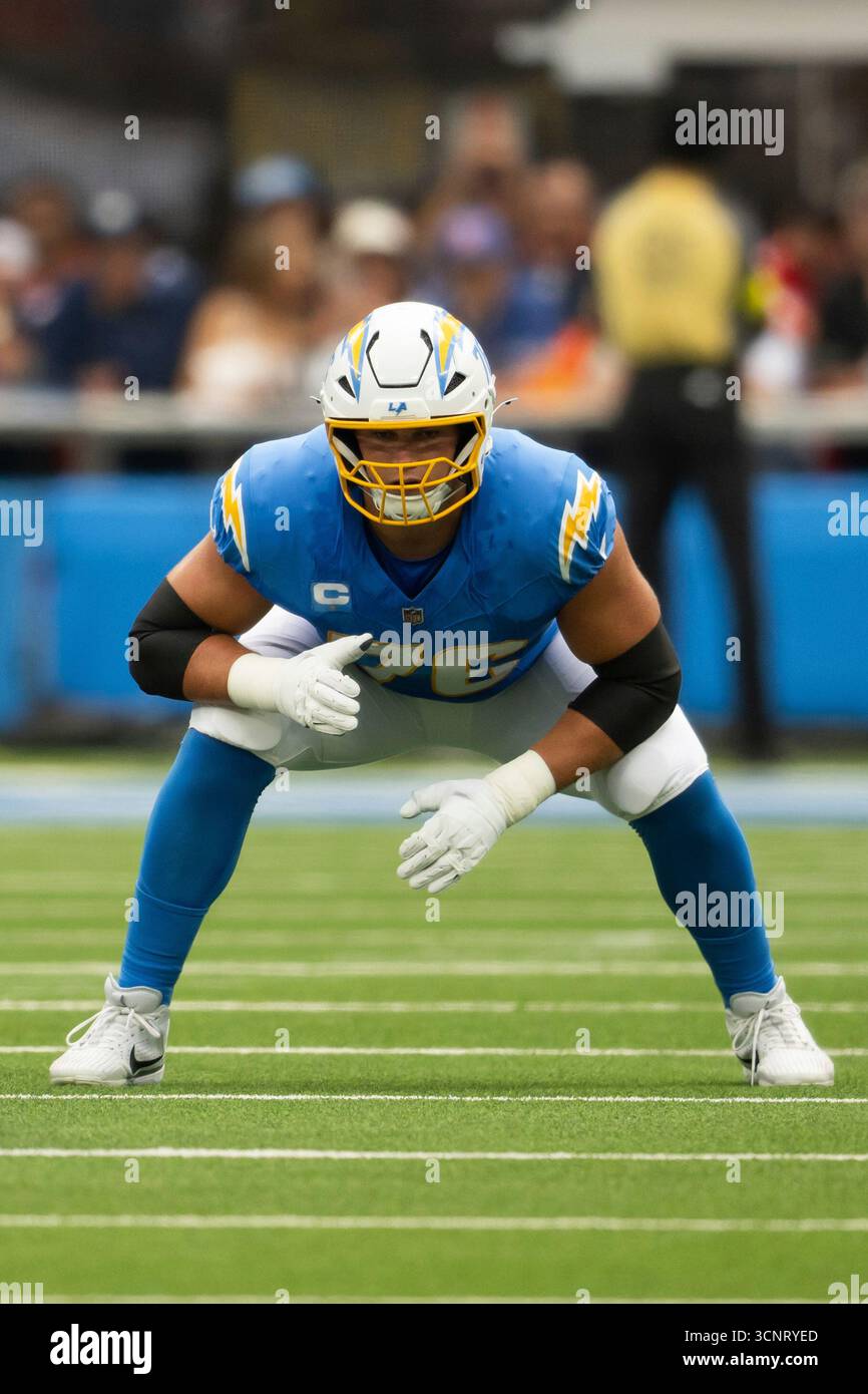 Los Angeles Chargers offensive tackle Joe Alt (76) takes his stance ...