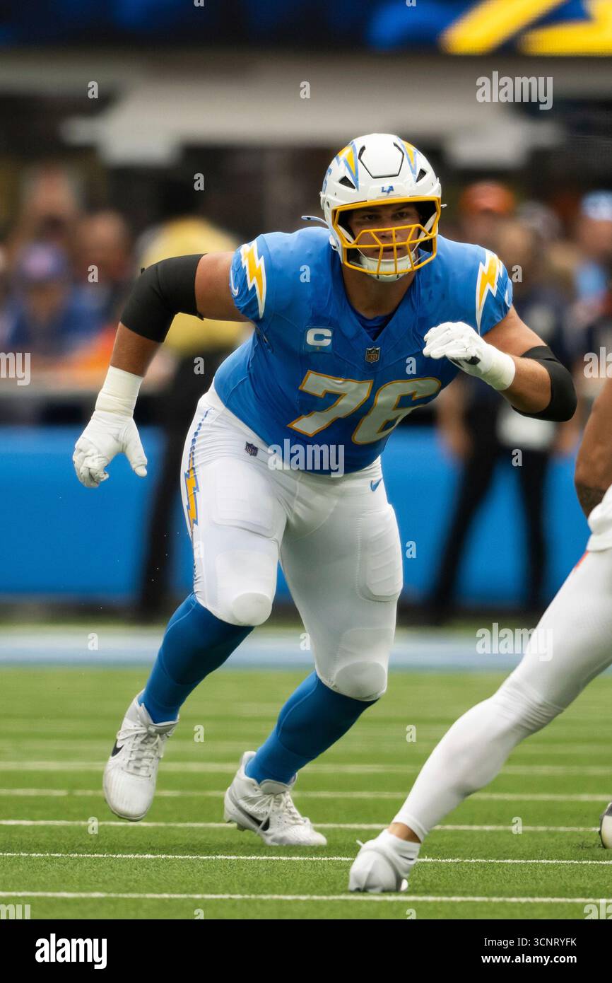 Los Angeles Chargers offensive tackle Joe Alt (76) takes his stance ...