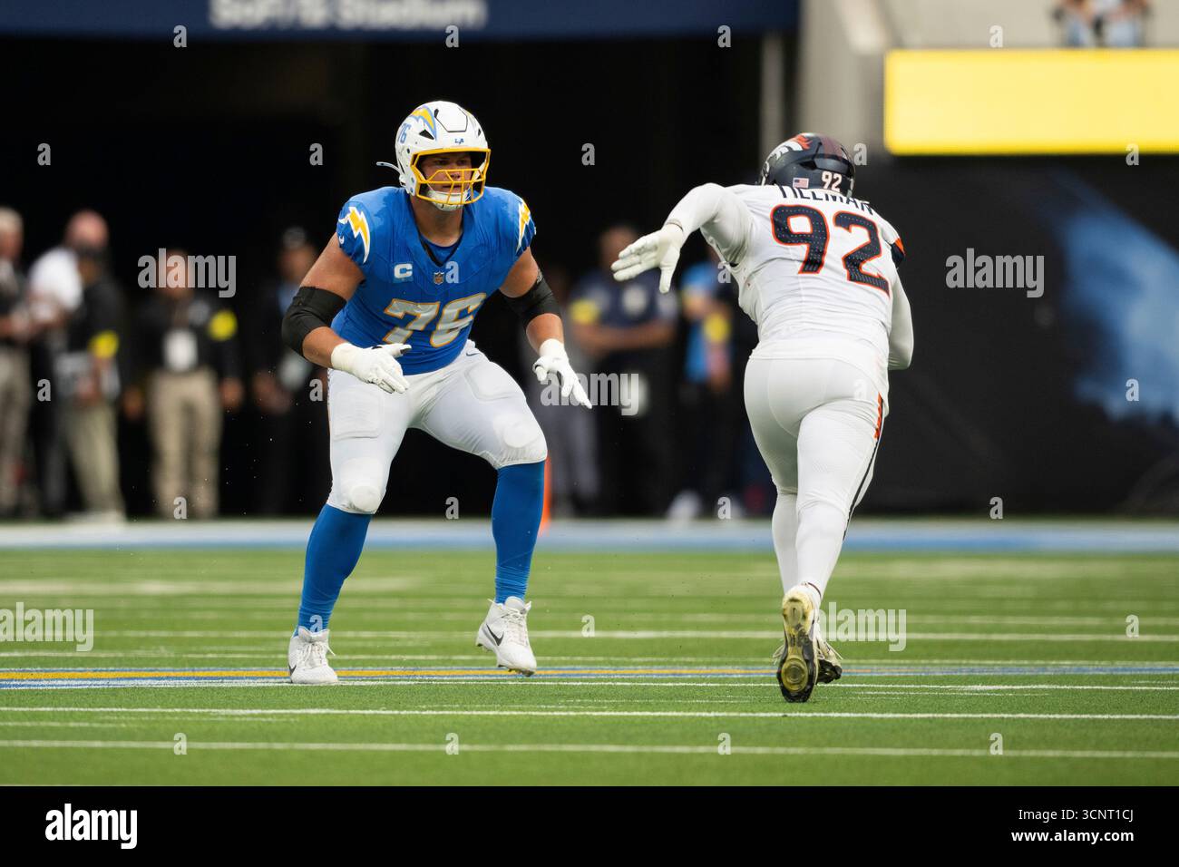Los Angeles Chargers offensive tackle Joe Alt (76) takes his stance ...