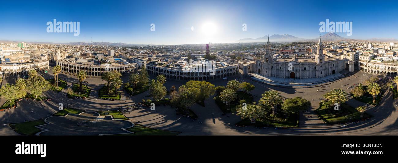 Aerial view of the Cathedral of Arequipa in the city of Arequipa, Peru ...