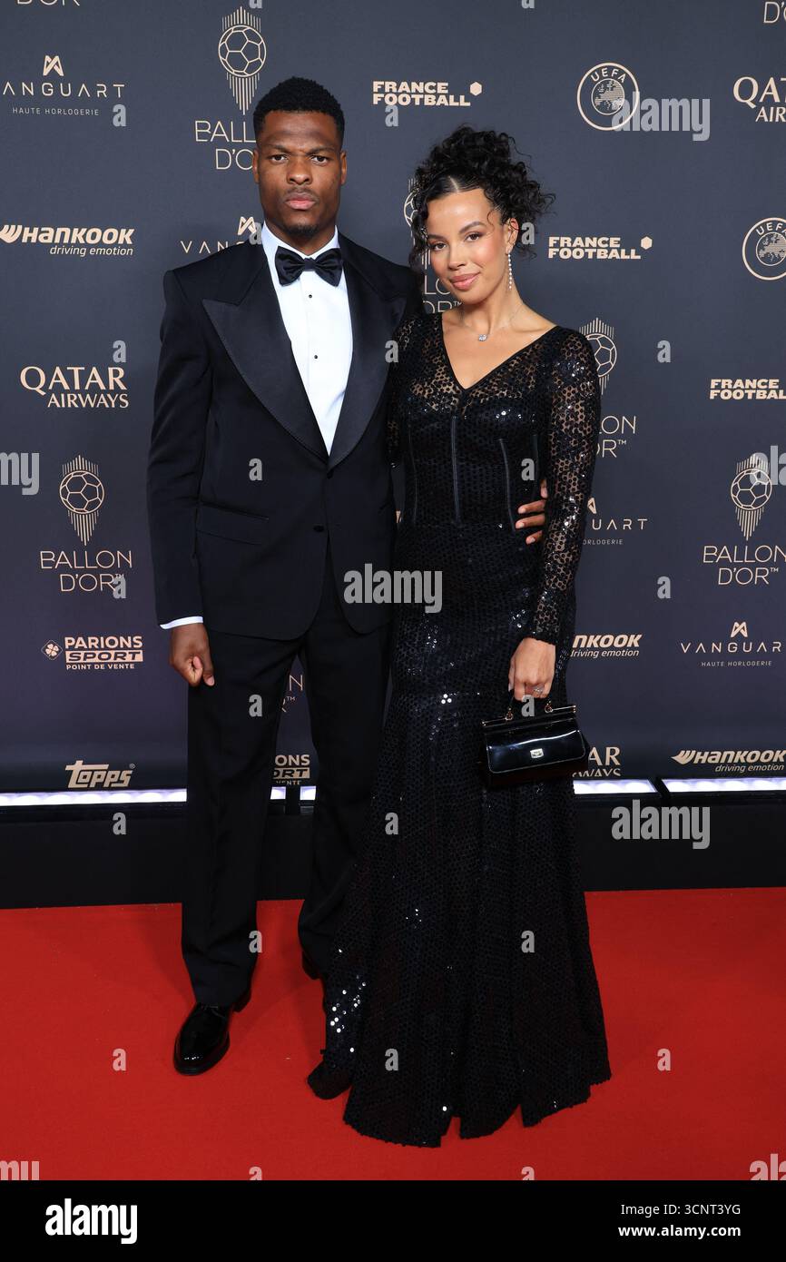 Denzel Dumfries and his wife Jaimy Kenswiel attends the 69th Ballon D ...