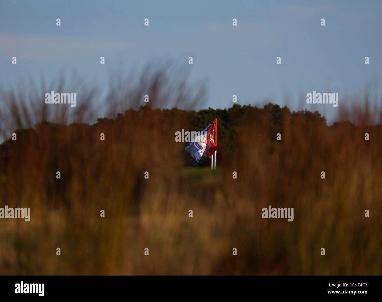 The U.S. Team and European Team Ryder Cup team flags are flown near the ...