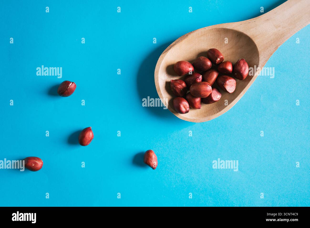 Peanuts with red shell scattered on a blue surface and a wooden spoon ...