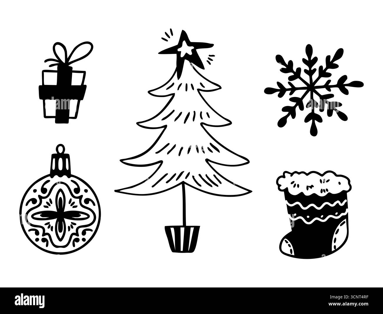 Christmas doodle set with tree, ornament, gift, snowflake and stocking ...