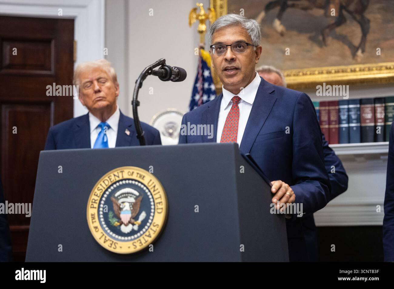 National Institutes of Health Director Jay Bhattacharya speaks as ...