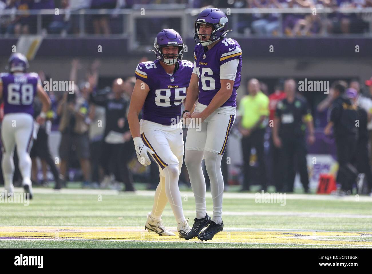 Minnesota Vikings kicker Will Reichard celebrates a 62-yard field goal ...