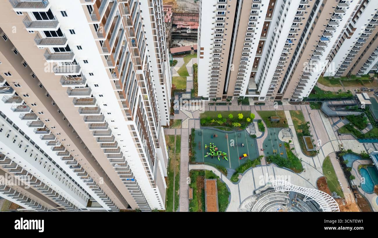 Aerial view of new construction of tall apartment buildings in ...