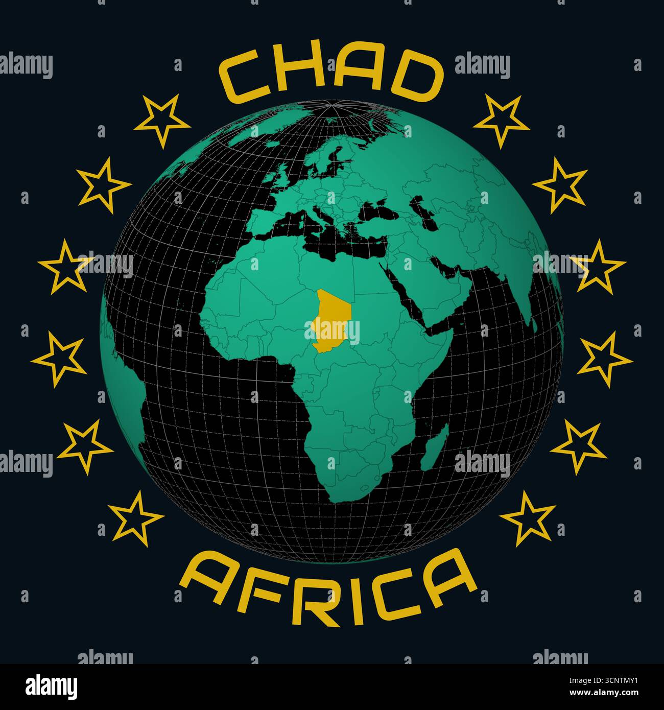 Republic of Chad on Globe. Round country and continent name text ...