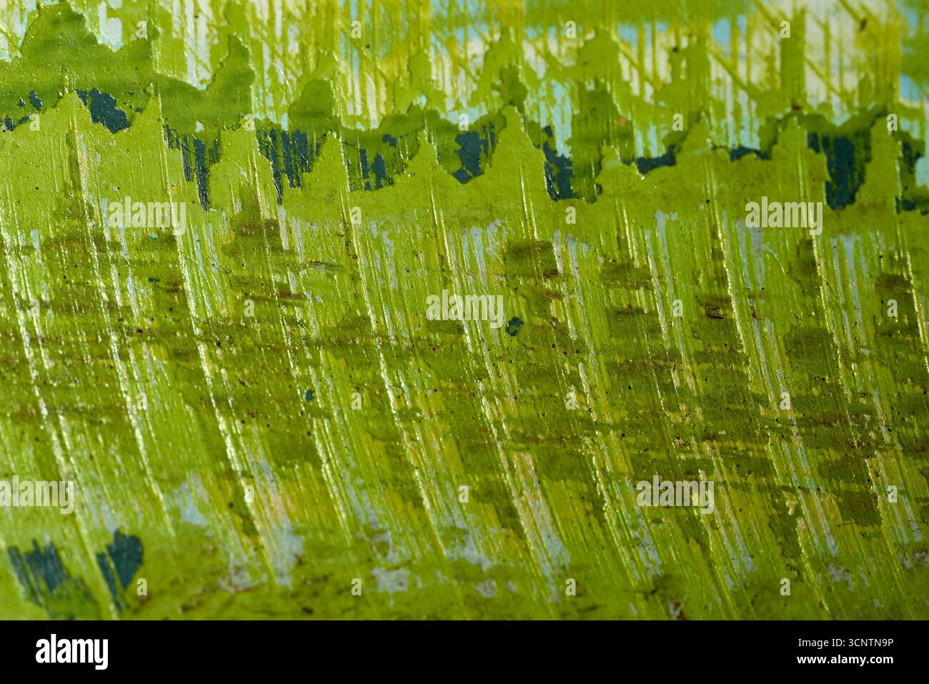 Vivid green surface showcases intricate, layered strokes that create a dynamic texture ...
