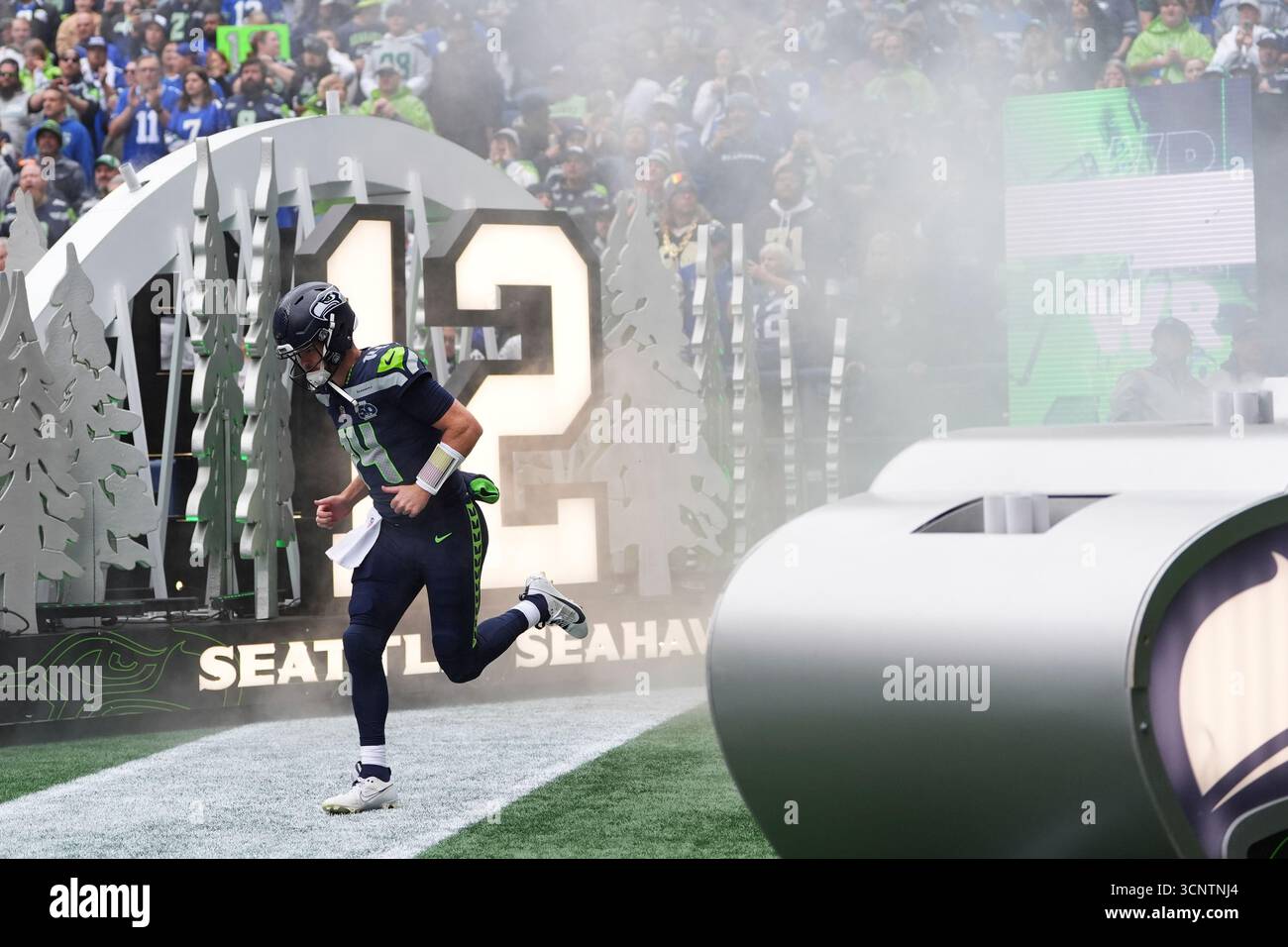 Seattle Seahawks quarterback Sam Darnold runs out during introductions ...