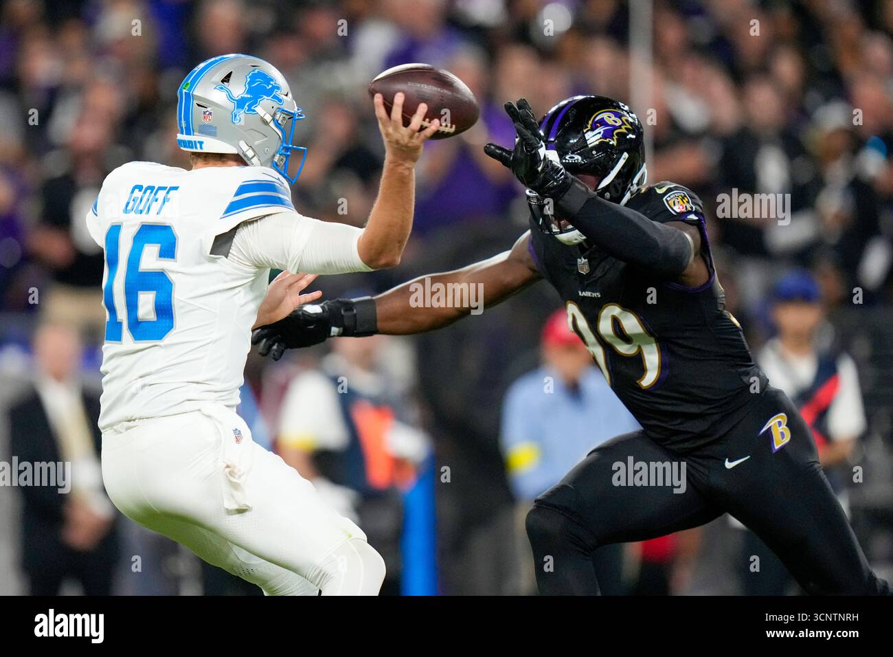 Detroit Lions quarterback Jared Goff (16) looks to pass as Baltimore ...