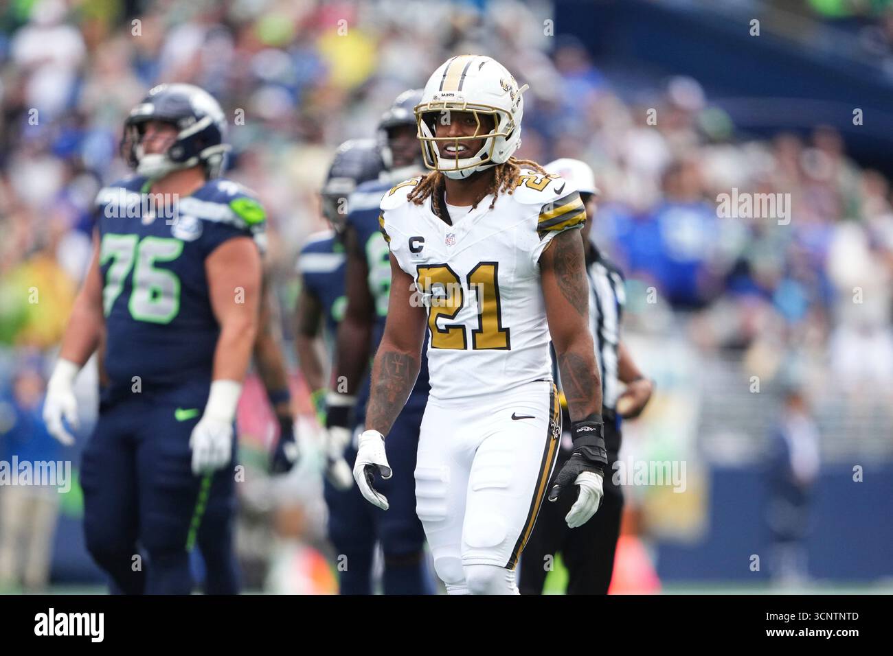 New Orleans Saints safety Justin Reid (21) looks on against the Seattle ...