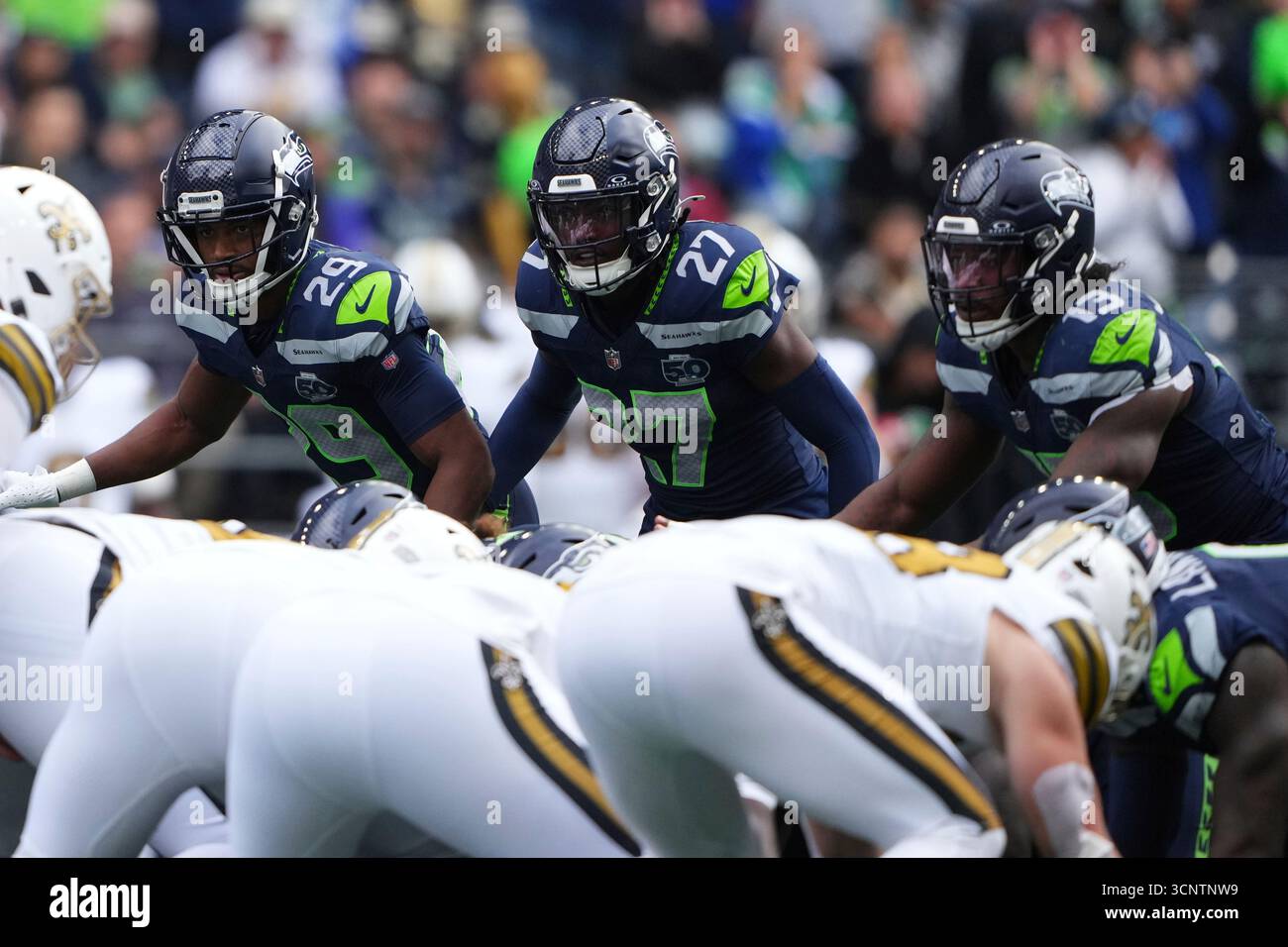 Seattle Seahawks cornerback Josh Jobe (29), cornerback Riq Woolen (27 ...