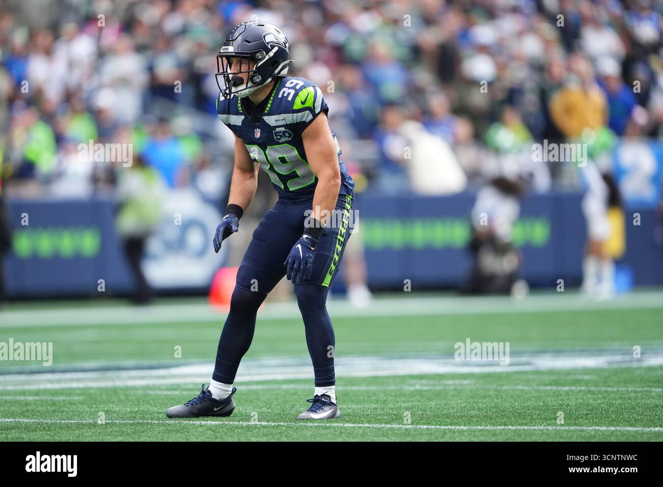 Seattle Seahawks safety Ty Okada (39) prepares for a snap against the ...