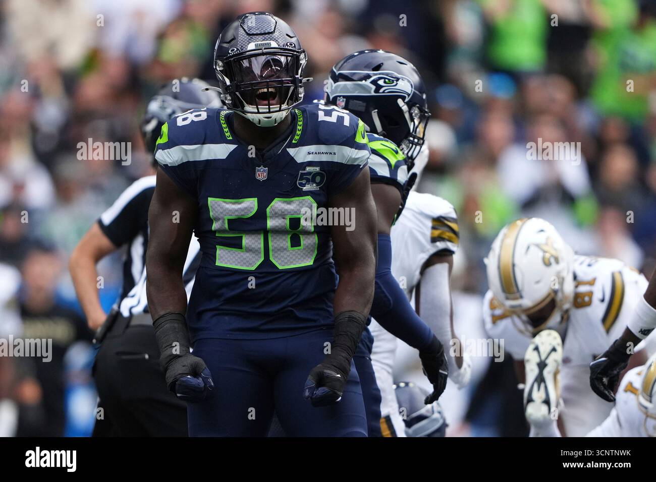 Seattle Seahawks linebacker Derick Hall (58) reacts during an NFL ...