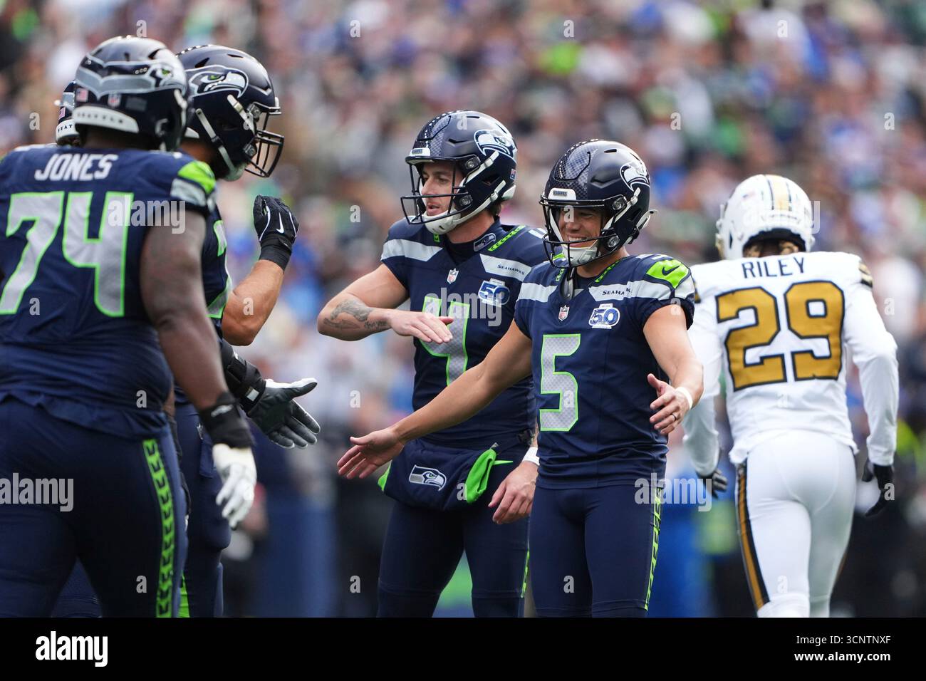 Seattle Seahawks place-kicker Jason Myers (5) celebrates with Seattle ...