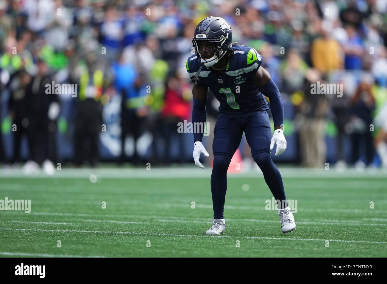 Seattle Seahawks cornerback Derion Kendrick (1) prepares for a play ...