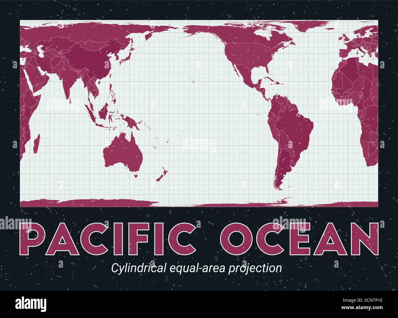 Pacific Ocean. World map. Cylindrical equal-area projection centered to ...