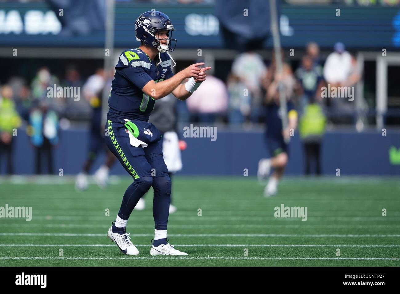 Seattle Seahawks quarterback Sam Darnold celebrates during an NFL ...