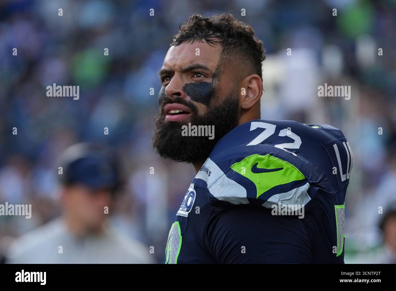 Seattle Seahawks offensive tackle Abraham Lucas looks on from the ...