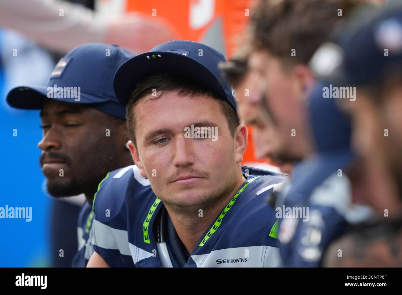 Seattle Seahawks quarterback Drew Lock (2) sits on the bench during an ...