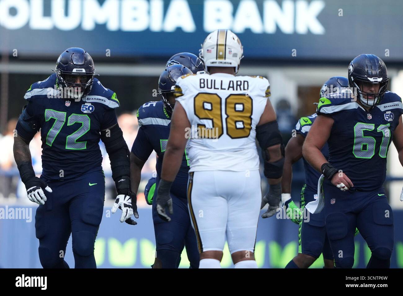 Seattle Seahawks offensive tackle Abraham Lucas (72) prepares for ...