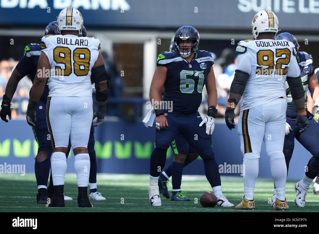 Seattle Seahawks center Jalen Sundell (61) lines up against New Orleans ...