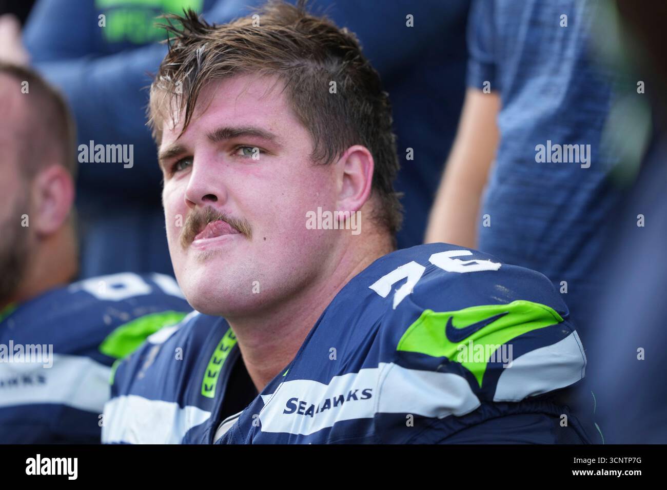 Seattle Seahawks guard Grey Zabel looks on from the bench during an NFL ...