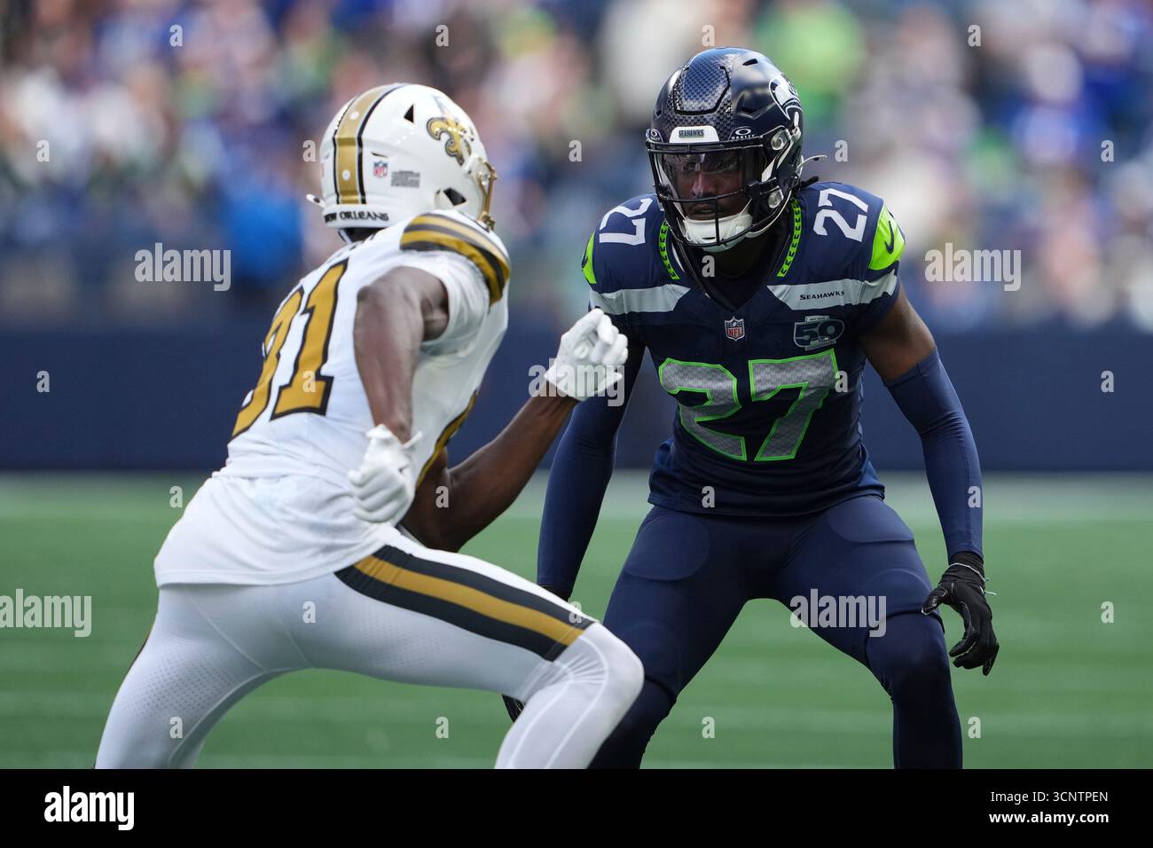 Seattle Seahawks cornerback Riq Woolen (27) defends against New Orleans ...