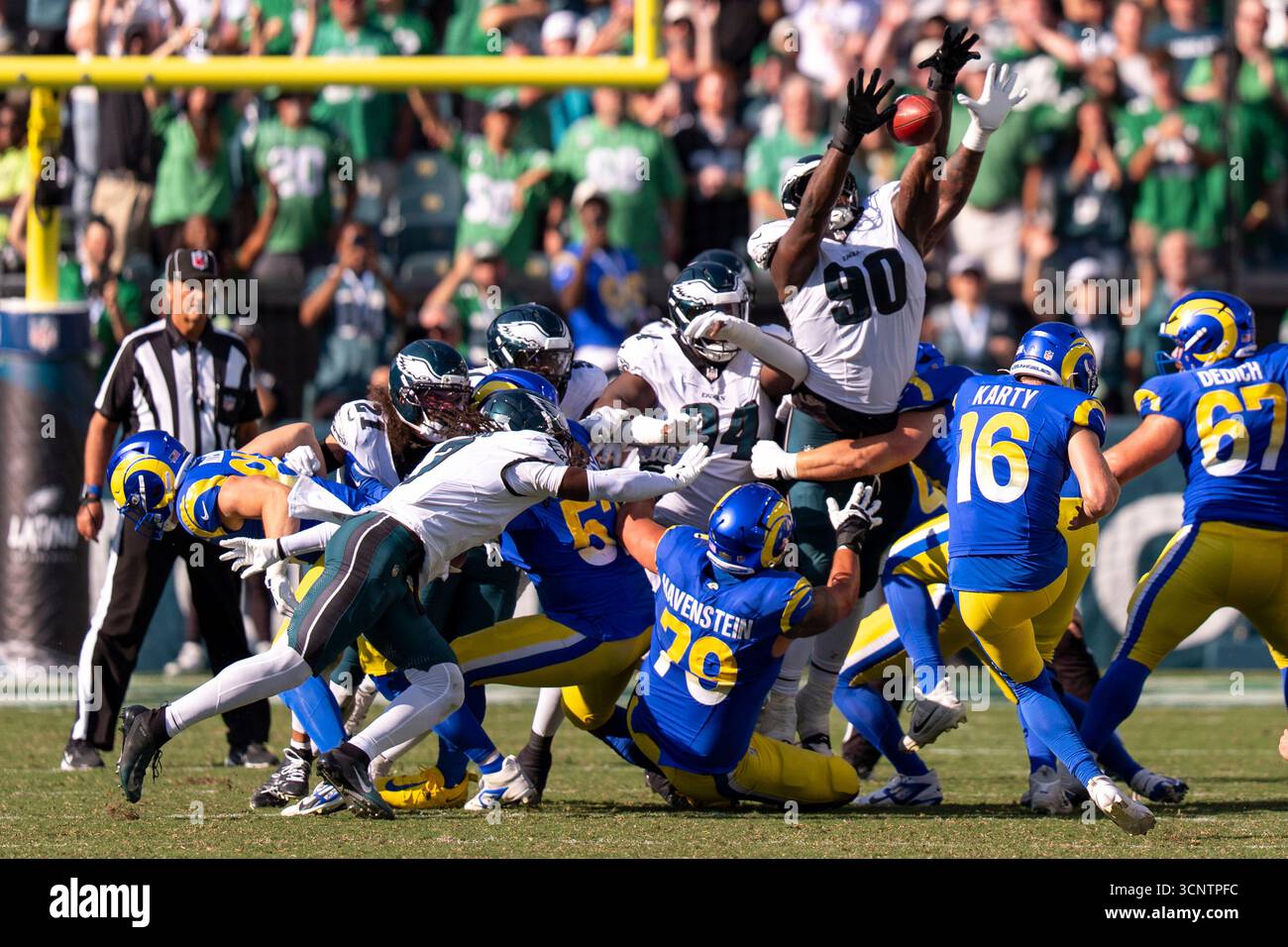 Philadelphia Eagles defensive tackle Jordan Davis (90) leaps to block ...